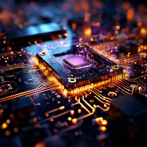Futuristic Microchip With Glowing Circuits On A Motherboard Stock