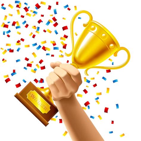 A Clipart Image Of A Hand Holding A Golden Trophy With Confetti Falling