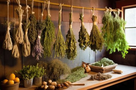 Premium Ai Image Herb Drying Process With Labels And Twine Created With Generative Ai