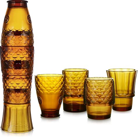 Mdluu 4 Pcs Stackable Drinking Glasses Embossed Glass Tumblers Fish