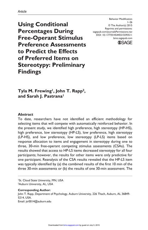 Pdf Using Conditional Percentages During Free Operant Stimulus Preference Assessments To