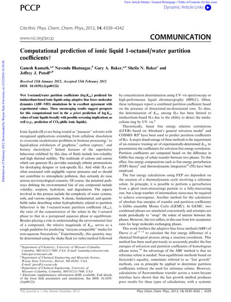 Pdf Computational Prediction Of Ionic Liquid 1 Octanolwater Partition Coefficients