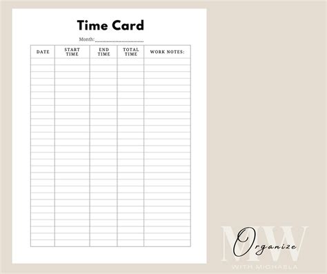 Hours Time Card Digital Download Etsy