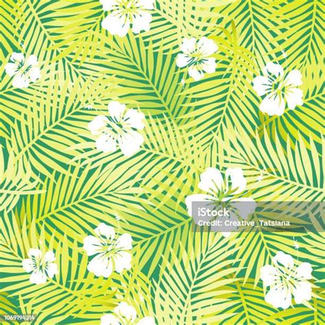 이국적인 열 대 녹색 바나나 팜 화이트 양식된 히 비 스커 스 꽃과 나뭇잎 원활한 꽃 여름 녹색 배경 패턴입니다 벽지 포장지 섬유 인쇄에 대 한 텍스처의 디자인 연속무늬에