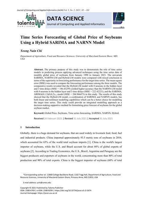 Pdf Time Series Forecasting Of Global Price Of Soybeans Using A Hybrid Sarima And Narnn Model