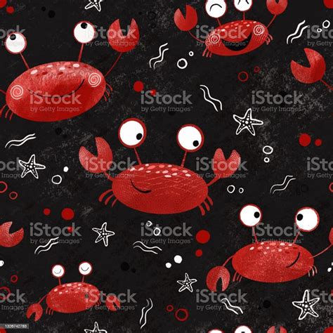 어두운 배경에 붉은 게와 다른 요소와 원활한 패턴 만화 스타일 일러스트레이션 의류 직물 및 기타 항목에 대한 디자인 계절에 대한 스톡 벡터 아트 및 기타 이미지 Istock