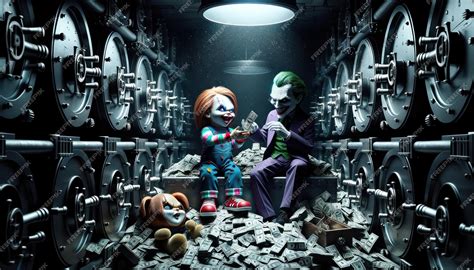 Premium Ai Image Ultrarealistic Photo In A Shadowdrenched Vault Chucky And The Joker Stand