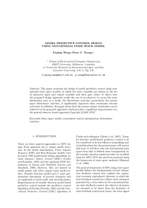 Pdf Model Predictive Control Design Using Non Minimal State Space Model