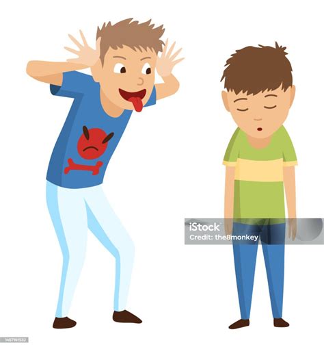 아이들을 괴롭히는 유치한 괴롭힘이나 어린이 간의 언어적 신체적 갈등 나쁜 아이 행동 무서워하고 강한 화가 난 아이들 갈등 만화 캐릭터 대결 교육에 대한 스톡 벡터 아트 및