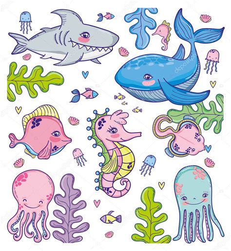 Conjunto De Animales Marinos Dibujos Animados Colección Vector