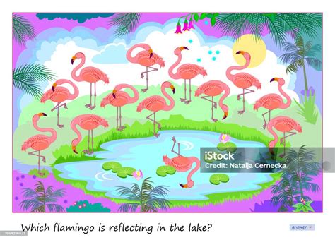 어린이와 성인을 위한 논리 퍼즐 게임 어떤 플라밍고가 호수에 반사되고 있습니까 수수께끼 책 페이지입니다 아이들의 공간적 사고를 개발합니다 세심함을위한 작업 벡터 그림입니다