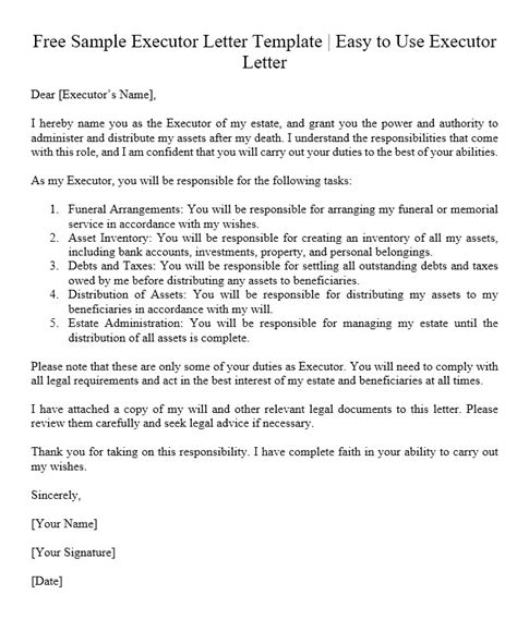 free sample executor letter template culturo pedia