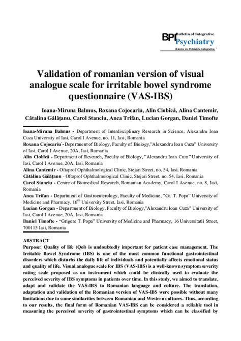 Pdf Validation Of Romanian Version Of Visual Analogue Scale For Irritable Bowel Syndrome
