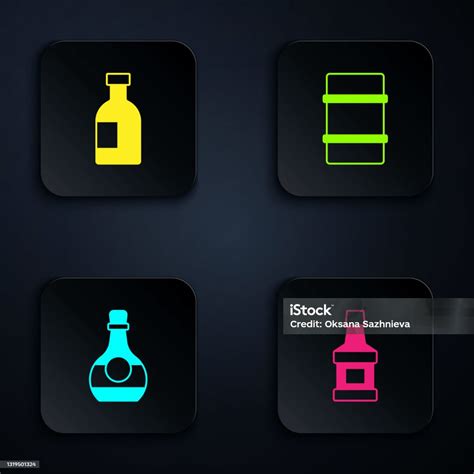 위스키 병 보드카 한 잔 보틀 코냑 또는 브랜디 및 메탈 맥주 통을 설정합니다 검은 색 사각형 버튼 벡터 0명에 대한 스톡 벡터 아트 및 기타 이미지 Istock