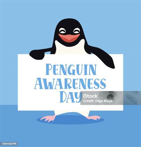 파란색 배경에 펭귄 인식의 날 벡터 카드 귀여운 펭귄 만화 캐릭터 펭귄은 텍스트와 기호를 보유 펭귄데이 포스터 1월 20일 중요한 날 검은색에 대한 스톡 벡터 아트 및 기타