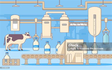 우유 공장 생산 공정 우유 컨베이어 벨트 자동 기계 병 유리를 포장 합니다 낙농 제품 단계 처리 음료 포장 및 병 입 우유에 대한 스톡 벡터 아트 및 기타 이미지 Istock