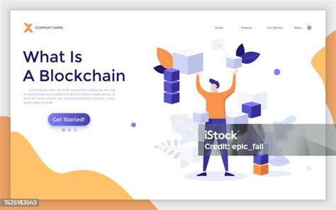 큐브 또는 빌딩 블록을 들고 있는 사람이 있는 랜딩 페이지 템플릿입니다 블록체인 기술의 개념 분산 암호화 데이터 요소 시스템 웹 페이지에 대한 현대 평면 벡터 그림입니다