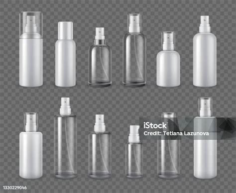 병을 스프레이하십시오 현실적인 화장품 에어로졸 데오도란트 또는 분무기 클리어 병 패키지 모형 캡 벡터 세트가 있는 3d 플라스틱 크림 디스펜서 병에 대한 스톡 벡터 아트 및