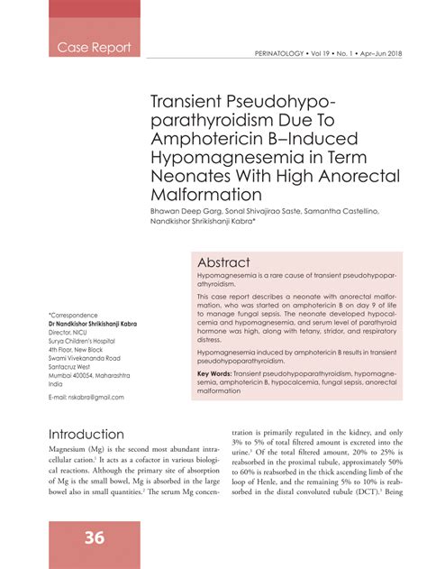 Pdf Transient Pseudohypo Parathyroidism Due To Amphotericin B Induced Hypomagnesemia In Term