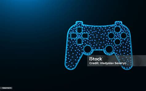 조이스틱 낮은 폴리 디자인 게임 콘솔 추상 기하학적 이미지 장치 아이콘 와이어 프레임 메쉬 다각형 벡터 일러스트 는 어두운 파란색 배경에 포인트와 선으로 만든 비디오 게임에