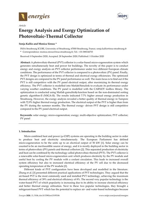 Pdf Energy Analysis And Exergy Optimization Of Photovoltaic Thermal