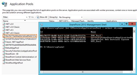 get the corresponding sharepoint services name of the application pool guid