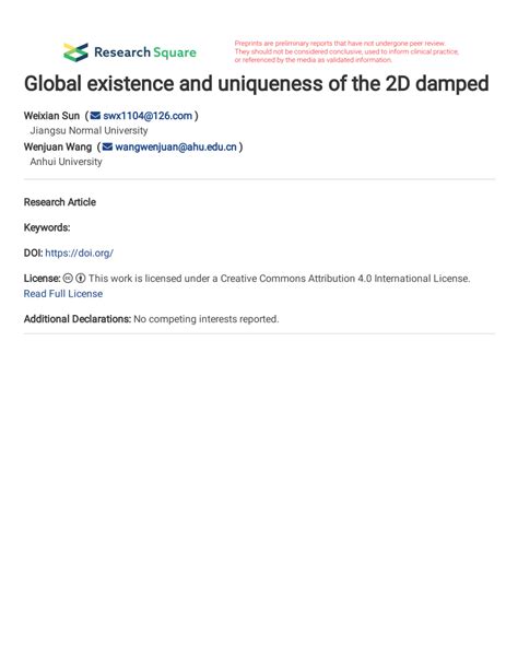 Pdf Global Existence And Uniqueness Of The 2d Damped Wave Type Mhd