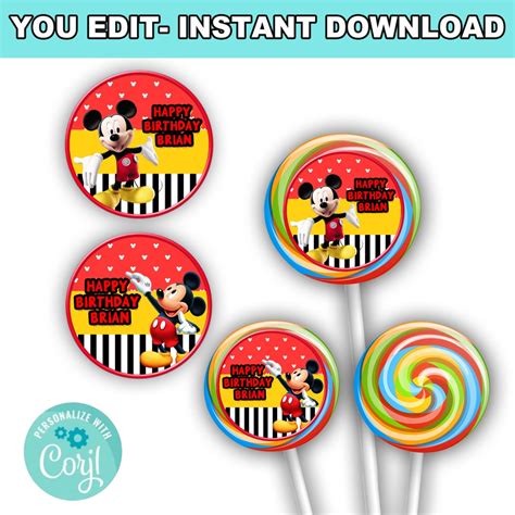 Mickey Mouse Round Stickers Instant Download Editable With Corjl