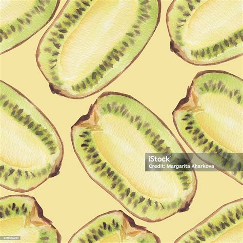 수채화 완벽 한 패턴의 키위는 밝은 노란색 배경에 반쯤 고립되어 있습니다 손으로 그린 식물 일러스트레이션 섬유 스케치 포장지 벽지 디자인 0명에 대한 스톡 벡터 아트 및