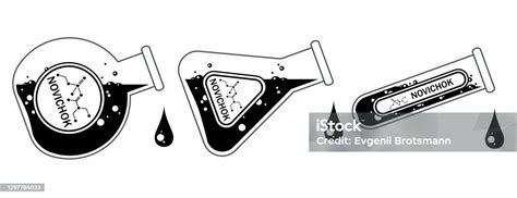 위험한 독액 방울을 붓는 다양한 형태의 화학 유리 플라스크 니부톡이 표시된 라벨 화학 무기 산 또는 독 흑백 라인 아트 일러스트레이션 개체 그룹에 대한 스톡 벡터 아트 및