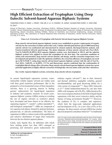 Pdf High Efficient Extraction Of Tryptophan Using Deep Eutectic Solvent Based Aqueous Biphasic