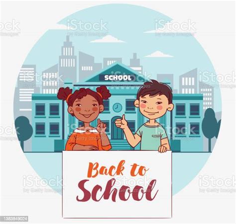 학교 벡터 개념으로 돌아갑니다 행복한 소년과 소녀 와 흰색 배너 4 5세에 대한 스톡 벡터 아트 및 기타 이미지 4 5세 6 7 살 8 9 살 Istock
