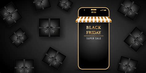 블랙 프라이데이 슈퍼 세일 및 특별 가격 모바일 및 선물 상자에서 쇼핑 어두운 배경 황금 텍스트 수평 배너 웹 사이트 디자인 벡터 일러스트레이션 2020년에 대한 스톡 벡터