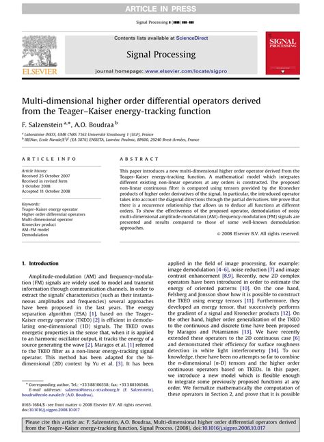 Pdf Multi Dimensional Higher Order Differential Operators Derived From The Teager Kaiser
