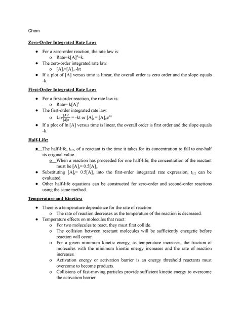 Chem 2 Lecture Notes Over Last Weeks Lecture Chem Zero Order Integrated Rate Law For A