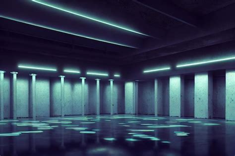 네온 사이버펑크 스타일의 현대적인 빈 미래형 방 현실적인 영화 조명 사이버 구내 방의 템플릿 레이아웃 벽 3d 그림을 따라 사각형 선반이 있는 콘크리트 방 프리미엄 사진