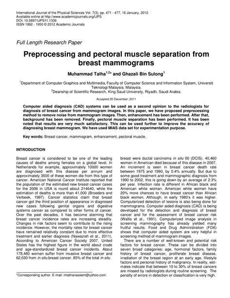 Pdf Preprocessing And Pectoral Muscle Separation From Breast Mammograms