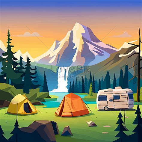 폭포와 텐트 벡터 삽화가 있는 산 강에서 텐트 캠핑 사진 무료 다운로드 Lovepik