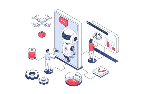 3d 아이소메트릭 디자인의 인공 지능 개념 Ai 로봇 기계 학습 및 프로그래밍 디지털 뇌를 사용하는 엔지니어 웹 그래픽을 위한 아이소메트리 사용자 장면이 포함된 벡터 그림
