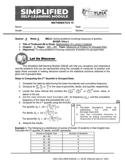 Math10 Q4 Week 5 Sslm Pdf Quantile Mathematics