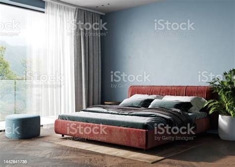 침대 큰 창문 Pouf 및 식물이 있는 빨간색 파란색 침실 인테리어 3d 렌더링 모형 0명에 대한 스톡 사진 및 기타 이미지 0명 가구 가정의 방 Istock