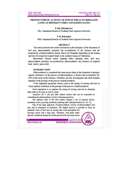 Pdf Photosynthetic Activity Of Durum Wheat On Irrigated Lands At Different Times And Seeding Rates