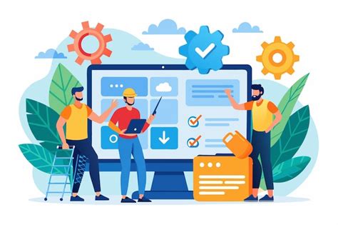 Premium Vector Group Of People Analyzing Data On Computer Screen Technicians Fix Errors On The