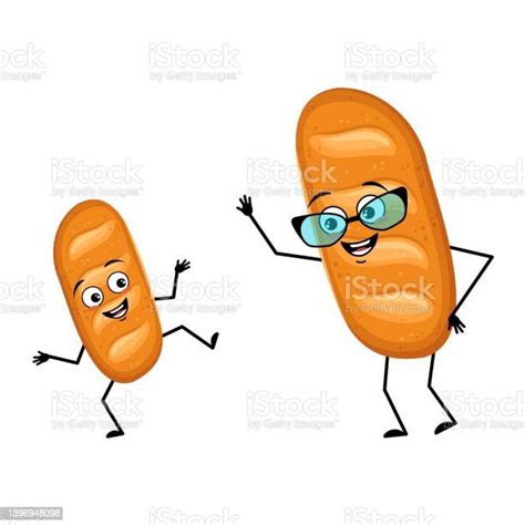 안경과 손자가 행복한 감정 얼굴 미소 눈 팔과 다리와 함께 춤을 추는 빵 캐릭터의 덩어리 베이킹 사람 재미있는 표정으로 수제 패스트리 벡터 플랫 일러스트 레이 션 0명에