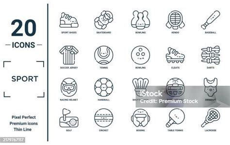 스포츠 선형 아이콘 세트입니다 얇은 라인 스포츠 신발 축구 저지 레이싱 헬멧 골프 라크로스 볼링 보고서 프리젠 테이션 다이어그램 웹 디자인을위한 수영복 아이콘을 포함합니다