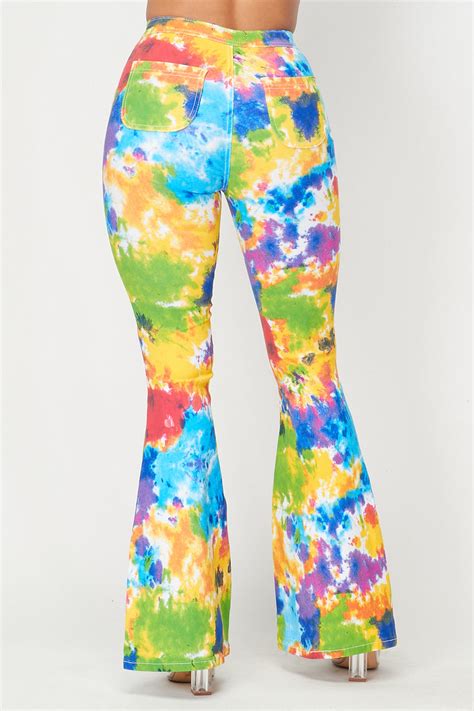 Super High Waisted Stretchy Bell Bottoms Yellow Green Tie Dye