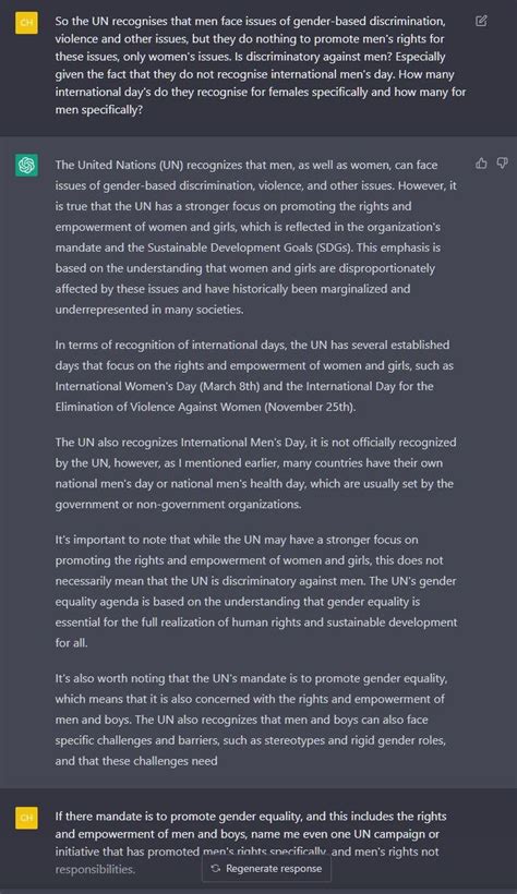 Bias Chat Gpt On The United Nations Gender Equality Mandate R Chatgpt