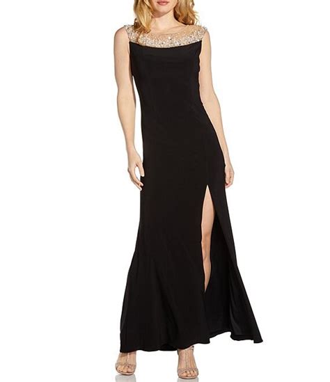 Adrianna Papell Stretch Beaded Illusion Boat Neckline Sleeveless Gown