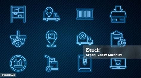 노트북에 라인 쇼핑 카트 설정 배송 목록 클립보드 확인 컨테이너 골판지 상자가 있는 위치 바구니 추가 창고 배송 화물 트럭 차량 및 추적 아이콘 벡터 노트북에 대한 스톡