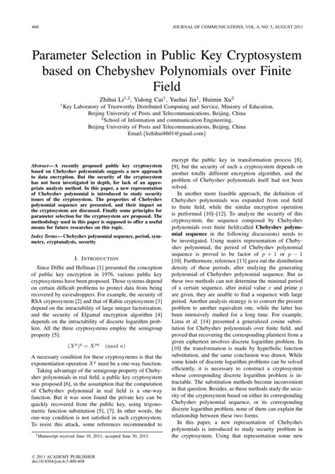 Pdf Parameter Selection In Public Key Cryptosystem Based On Chebyshev